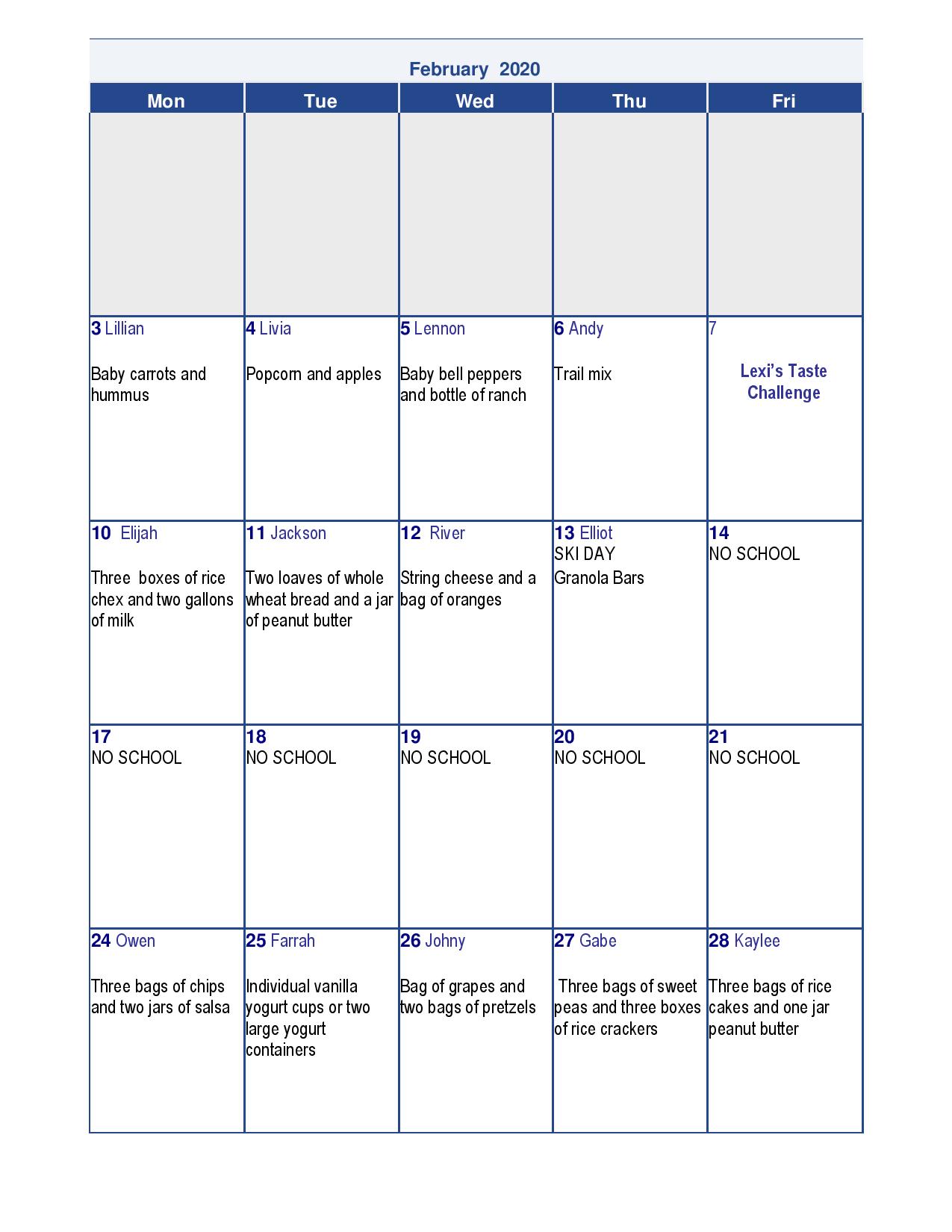 Snack Calendars – Pagosa Peak Open School